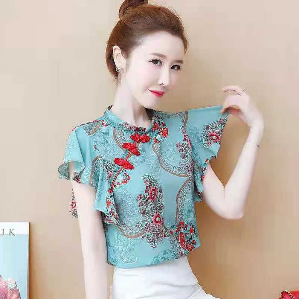 2021 Vintage Silk Blouse Chinese Style Floral Printing Cheongsam Tops ...