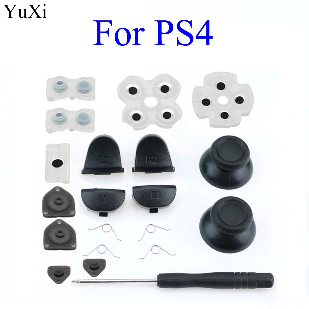 PS4 컨트롤러 핸들 그립 수리 세트, L1 R1 L2 R2 트리거 버튼, 3D 아날로그 조이스틱 스틱 캡, 전도성 고무 스크루 ...