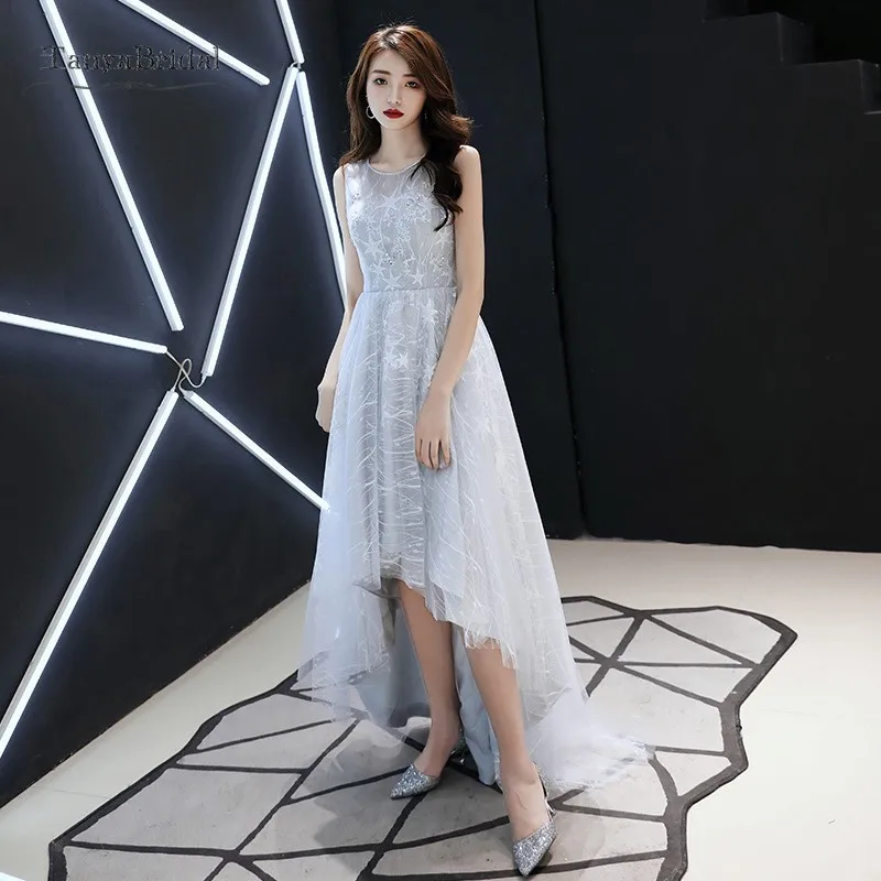 Silver A Line Short Front Long Back Prom Dresses Lace Stars Elegant ...