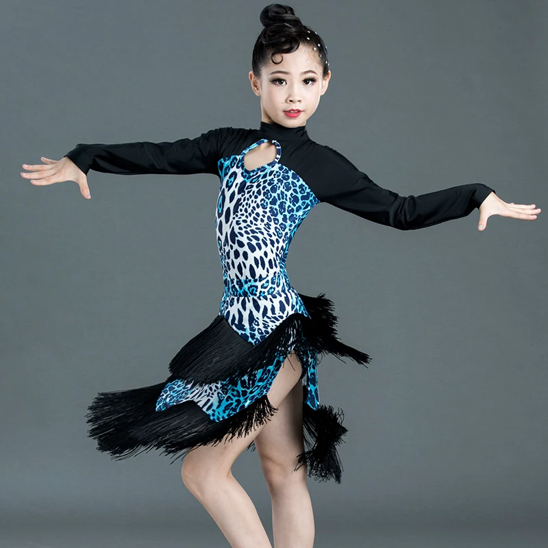 Blue Leopard Dance Dress Girls Latin Dance Costume Performance Suit ...