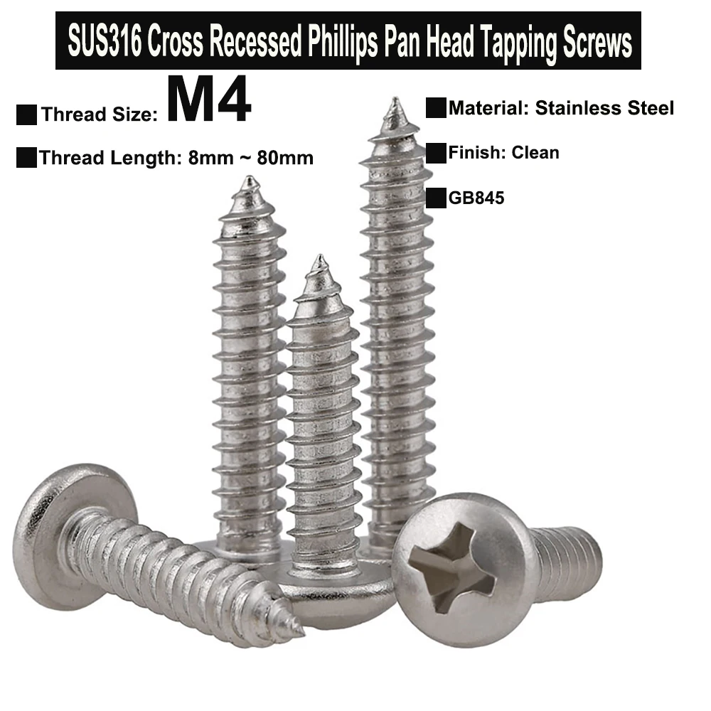 20pcs/10pcs/5pcs M4x8mm~80mm Sus316 Stainless Steel Cross Recessed ...