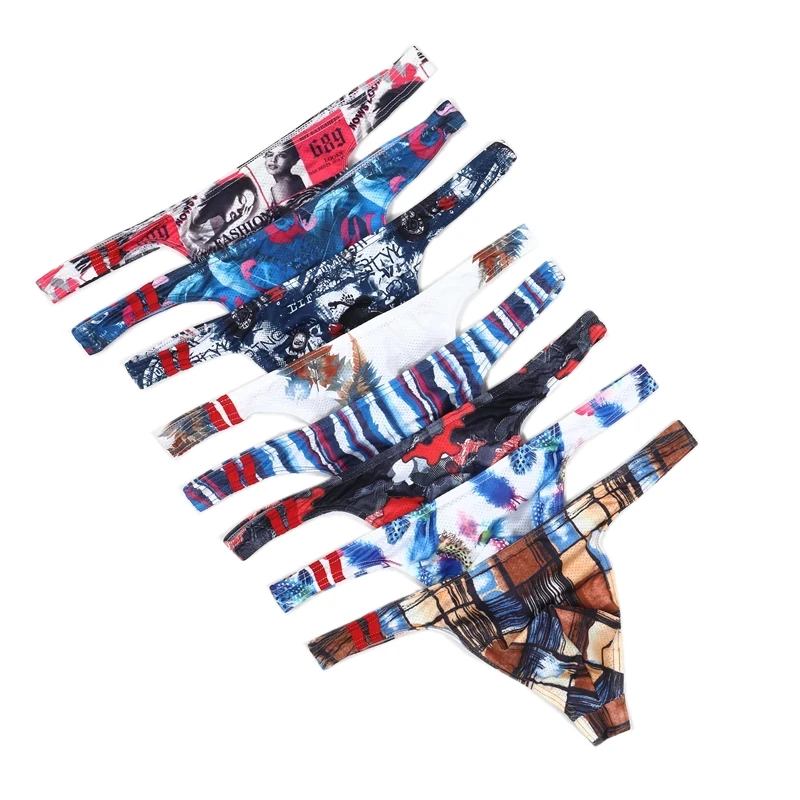 8pcs/lot Men Underwear Sexy Jock Strap Tanga Thongs Printed Male String Lingerie Mini Bikini ...
