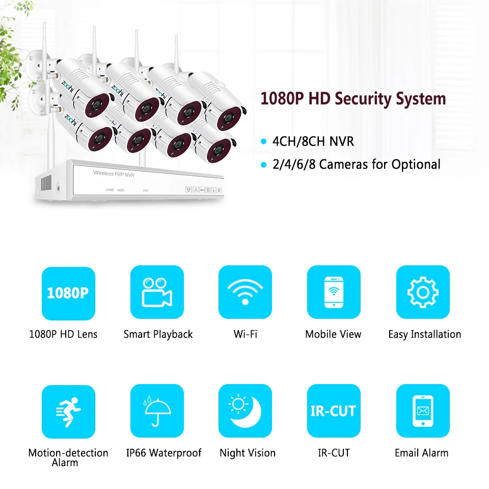 Комплект беспроводной системы видеонаблюдения Zoohi 1080 P 2MP HD wifi ...