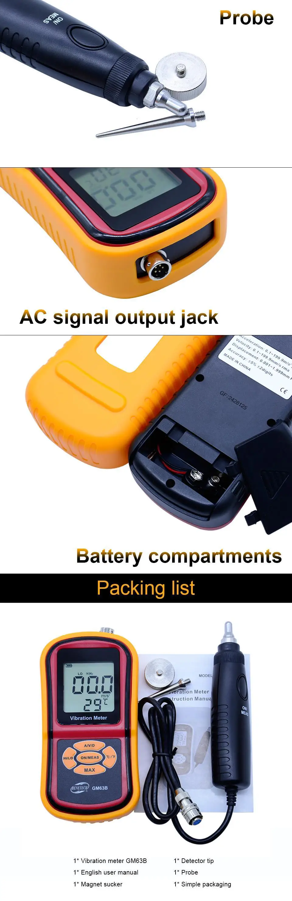 Beneech vibrómetro ultrasónico de alta compresión GM63B, analizador Digital portátil con ...