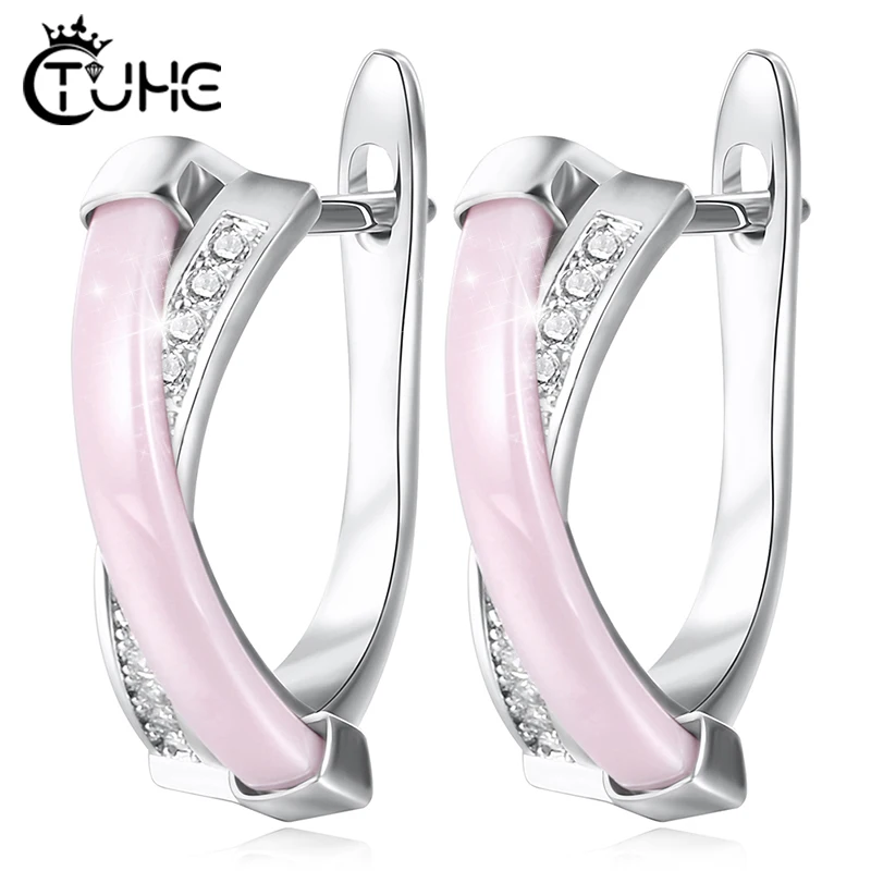 Pink Ceramic Earrings | Cross Cubic Zirconia | Ear Cuff | Stud Earrings ...