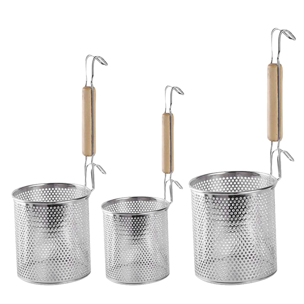 Stainless Steel Noodle Food Strainer With Hook And Wooden Handle ...