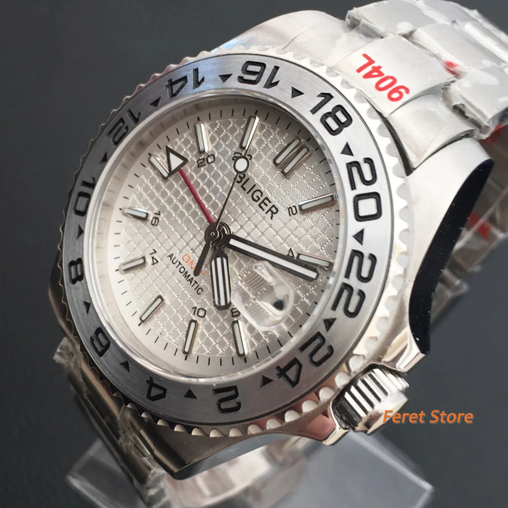 Bliger 43mm Red Gmt Mechanical Automatic Men's Watch White Dial Date ...