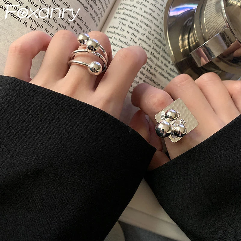 Foxanry 여성을 위한 실버 컬러 파티 반지 새로운 패션 크리에이티브 불규칙한 기하학적 구슬 반지 세트 생일 주얼리