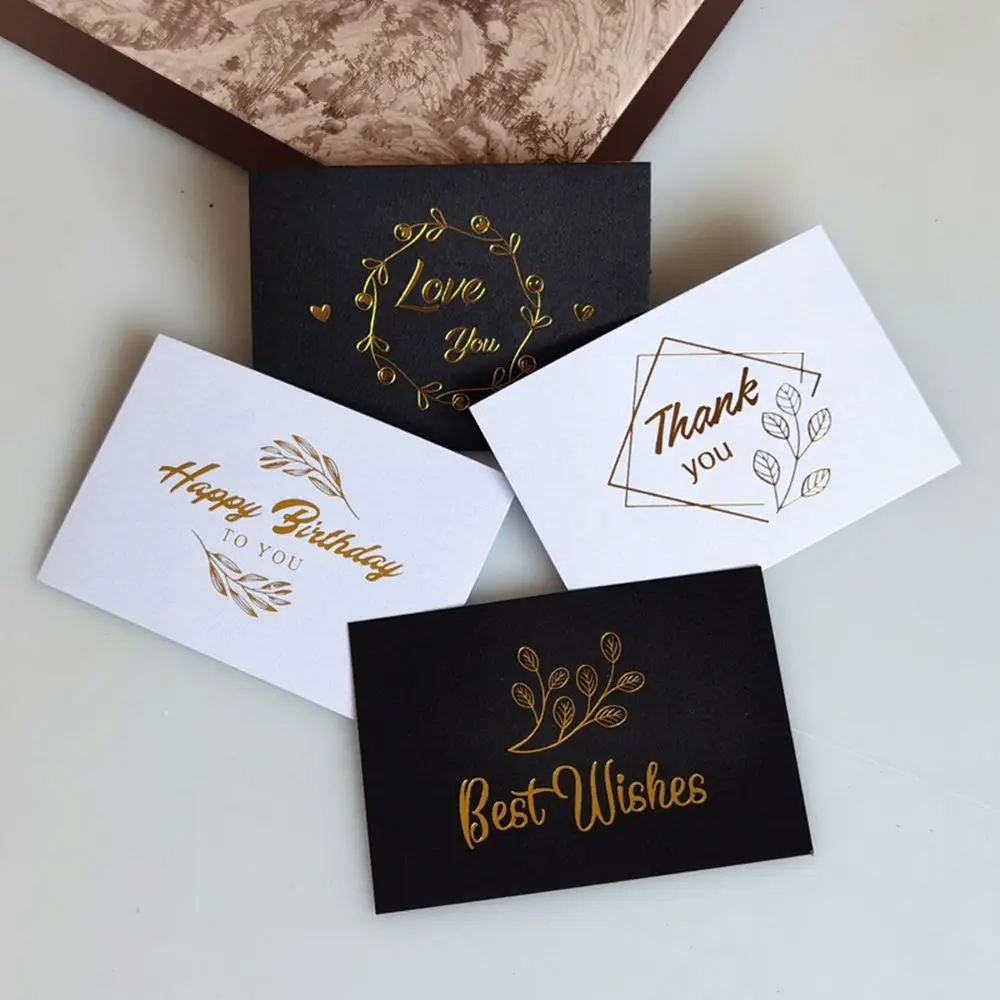 100PCS Bronzing Greeting Cards Blank Message Card Flower Gold Stamping Thank You Labels Black 