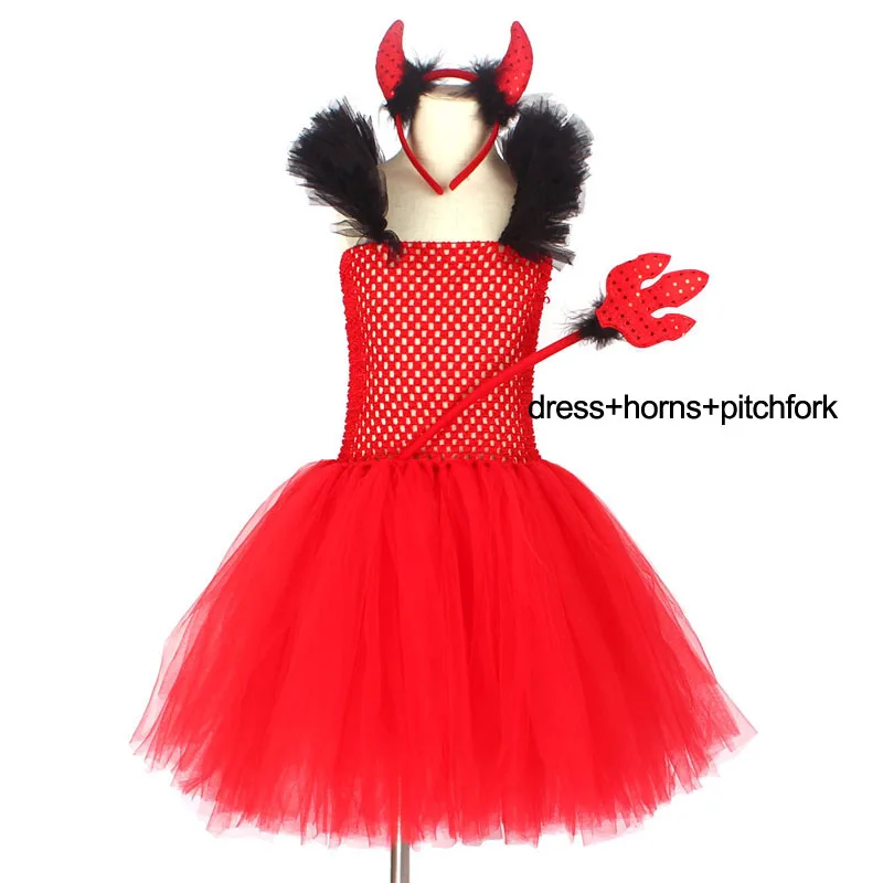 Girls Red Devil Tutu Dress With Horns Wings Pitchfork Crimson Demon ...