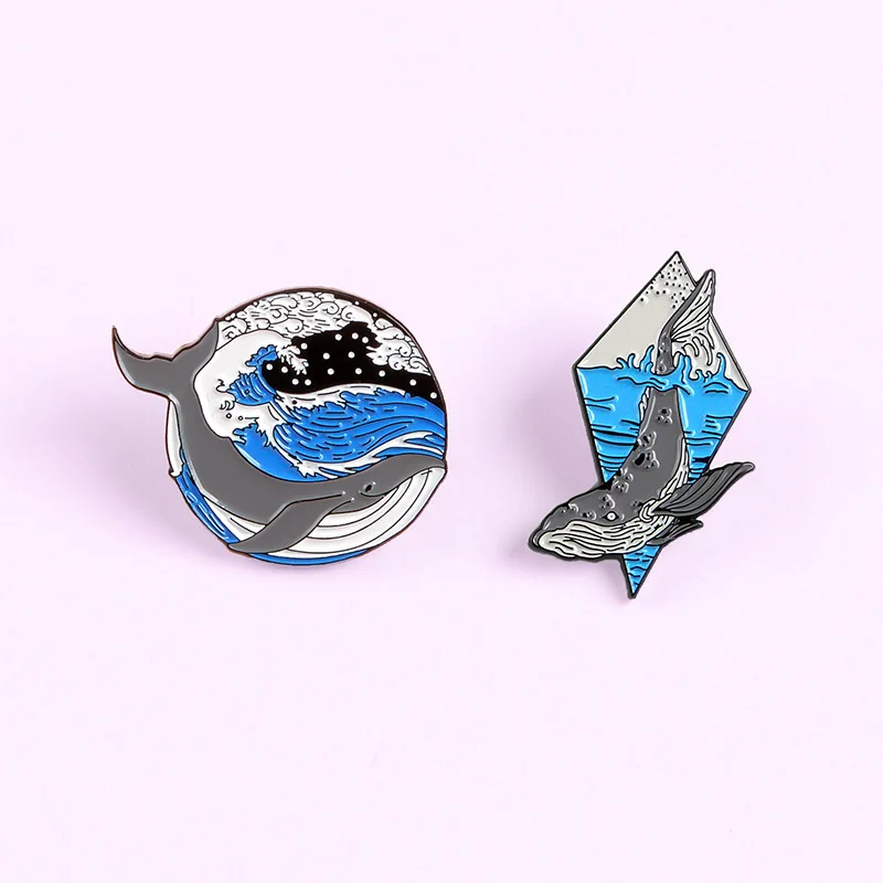 Cartoon Whale And Ocean Enamel Pins Custom Marine Animal Brooches Blue ...