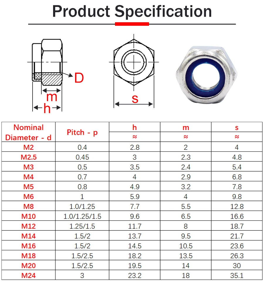 ECROU,M10-left pitch-2PCS-304 Stainless Steel--Écrous de blocage ...