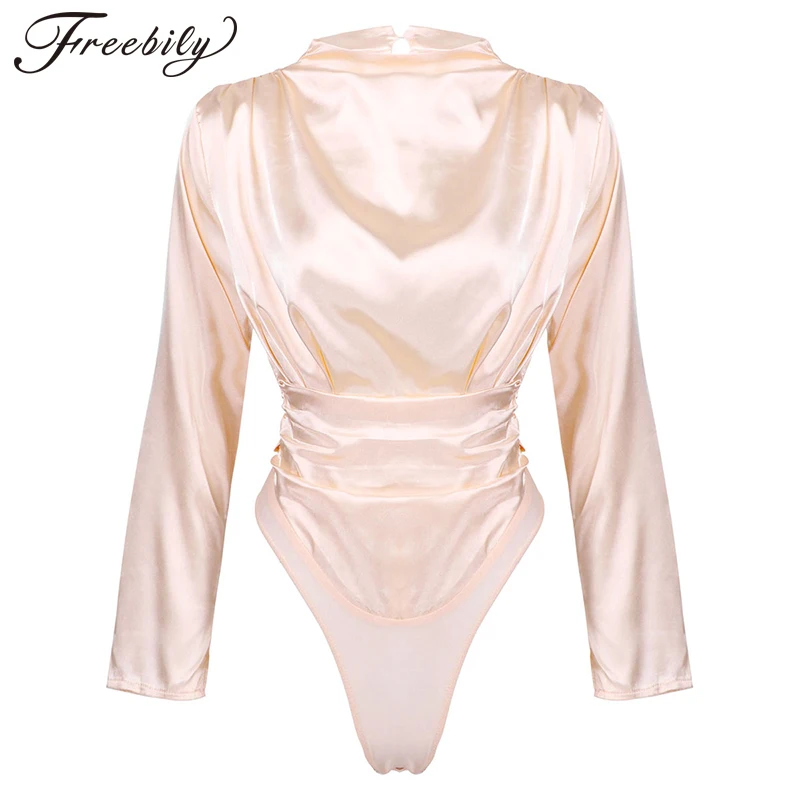 Womens Elegant Silky Satin High Neck Long Sleeves Bodysuits Tops ...