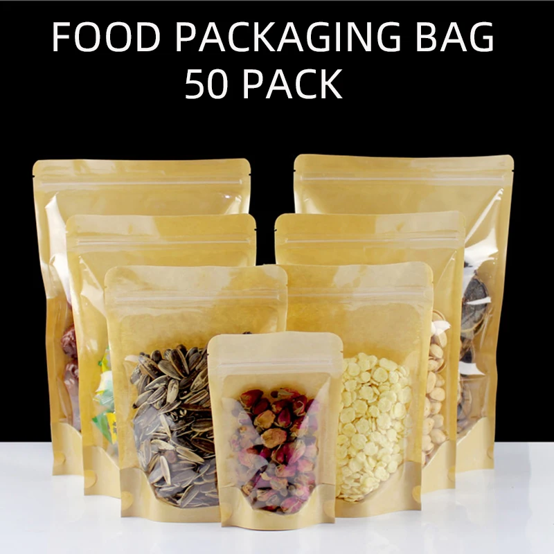 50Pcs-Voedsel-Verpakking-Zak-Kraftpapier-Zip-Lock-Zakken-Een-Side-Clear-Stand-Up-Hersluitbare ...