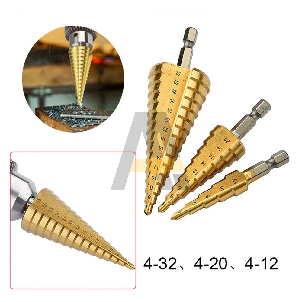Steel-Titanium-Step-Drill-Bit-Set-4-12-20-32mm-Metal-Hole-Cutter-Wood ...