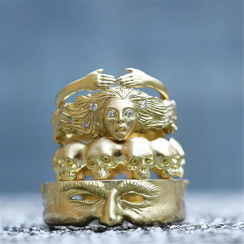 New Ins Gold Color Face Skull Ring For Woman Fashion Rings Set Charm ...