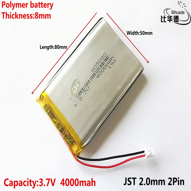 JST 2.0mm 2Pin 3.7V 4000mAh 805080 Lithium Polymer LiPo Rechargeable ...