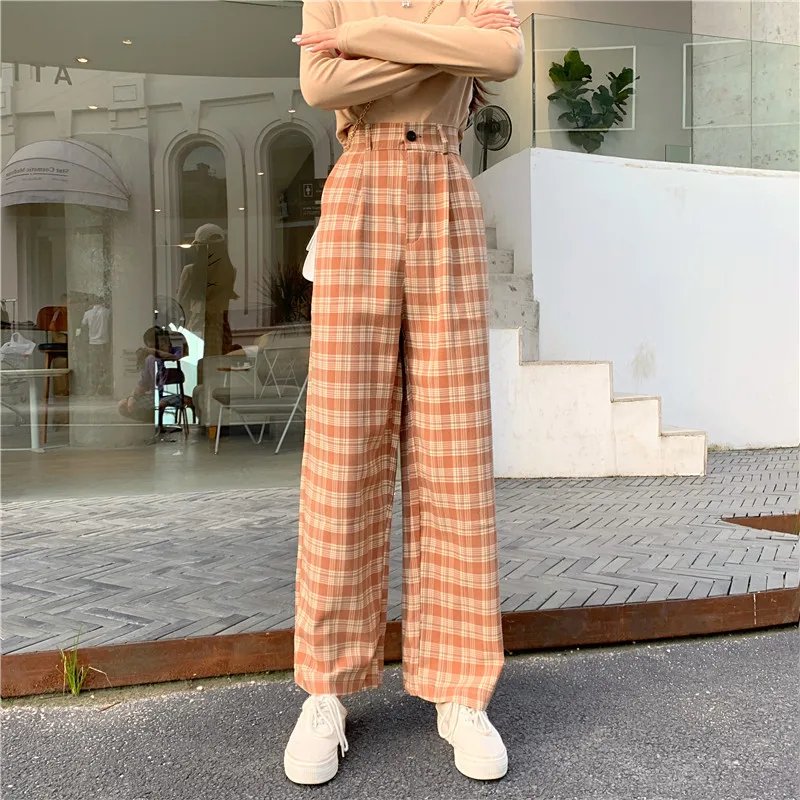 Women Simple Straight Pants Vintage Plaid Wide Leg JKP4781 - Allkpop Shop