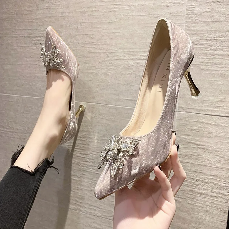 7cm High Heels Shoes 2021 Shining Rhinestones Pointed Toe Pumps Woman ...