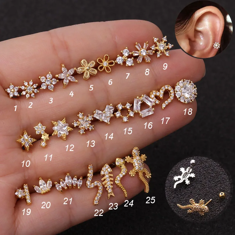 25Pcs/Lot Helix Piercing Jewelry Conch Rook Lobe Tragus Stud New Rose ...