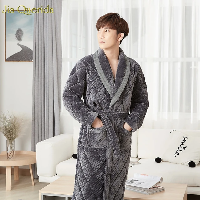 Bathrobes Men Leisure Home Clothing Winter Thick Long Robe 3 Layer Padded Velvet Kimono Mens'r ...