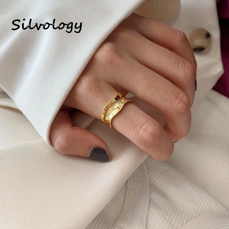 Silvology-925-Sterling-Silver-Wave-Curve-Rings-Gold-Color-Irregular-Elegant-Double-Layer-Elegant ...