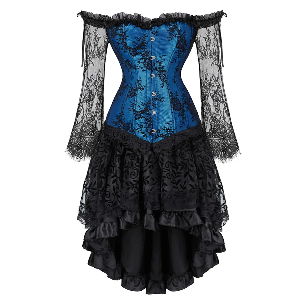 Vestido de espartilho vitoriano feminino sexy mangas compridas de renda ...
