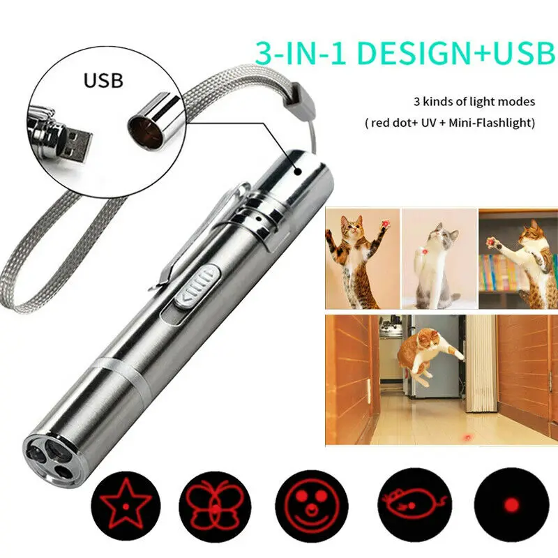 3 In 1 Usb Rechargeable Funny Cat Chaser Toys Mini Flashlight Laser Led ...