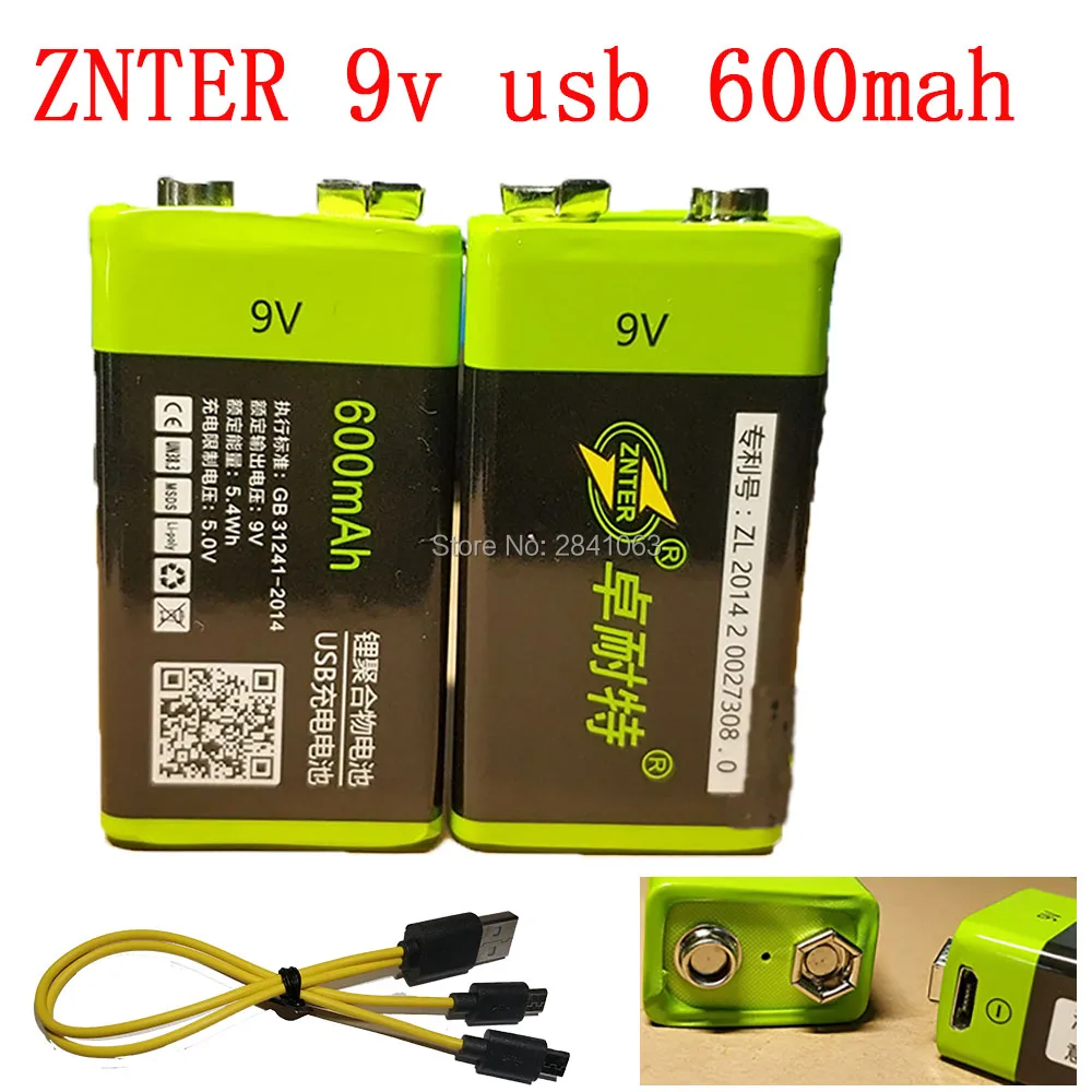 2X ZNTER S19 9V 600mAh USB 충전식 리튬 이온 9V Lipo 배터리, USB 케이블이있는 마이크용 RC ...