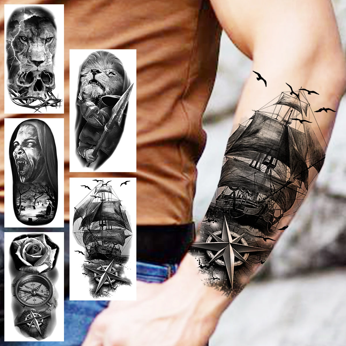 Black Pirate Ship Temporary Tattoos For Women Men Realistic Lion ...