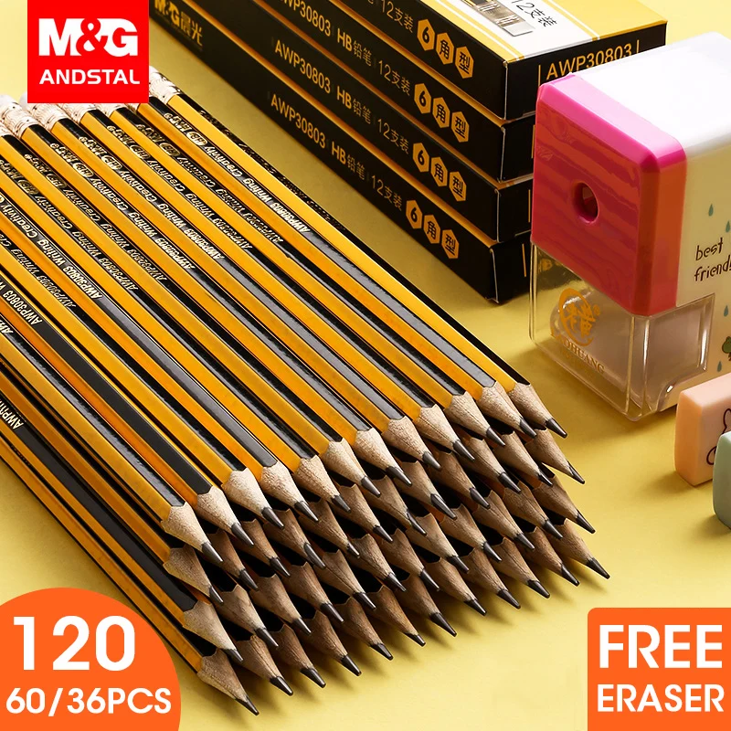 M & G lápices de madera HB con goma de borrar, Juego de lápices hexagonales de plomo de madera ...