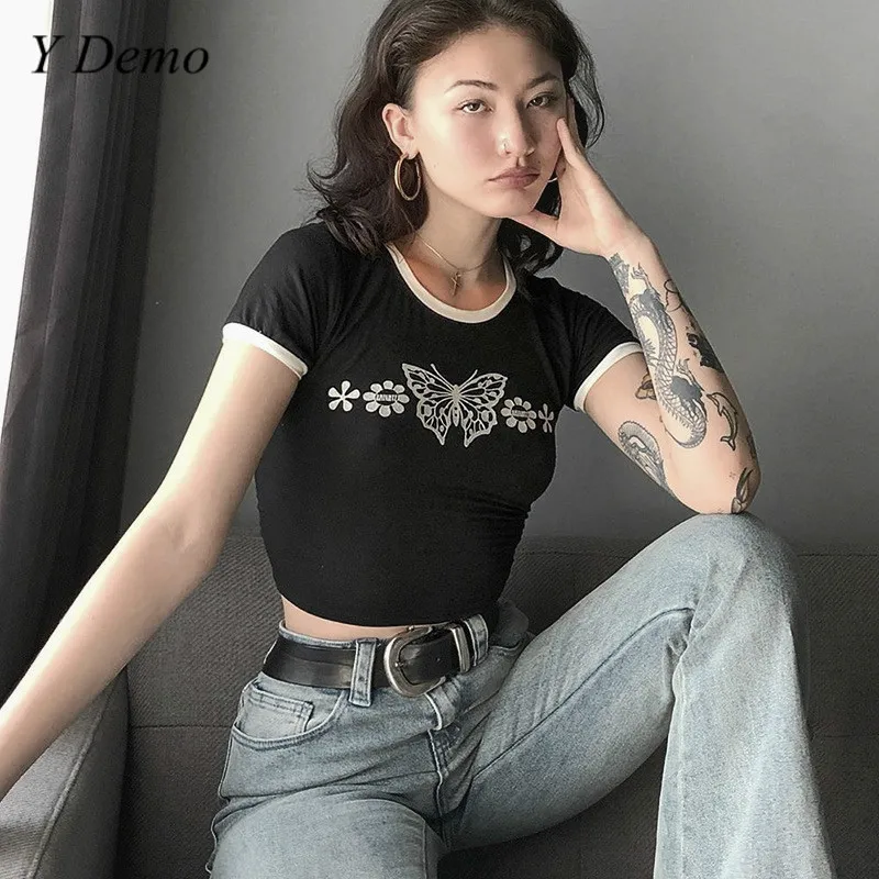 Grunge Casual Summer Short Sleeve T shirt Women Butterfly Printing ...