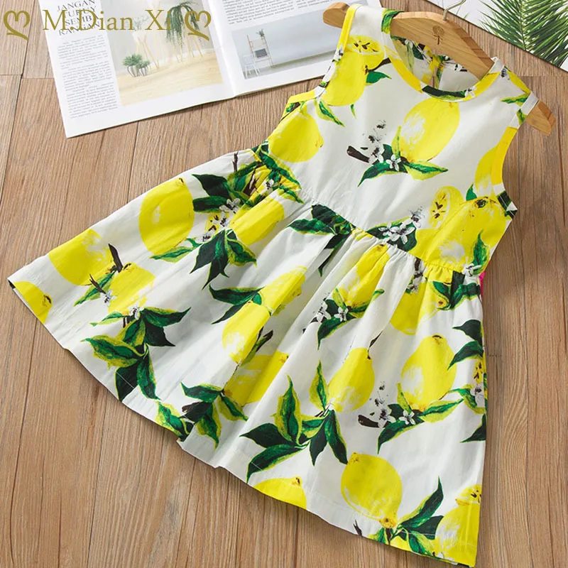 Summer Girls Princess Dress Cotton Yellow Lemon Print Dresses Classic ...