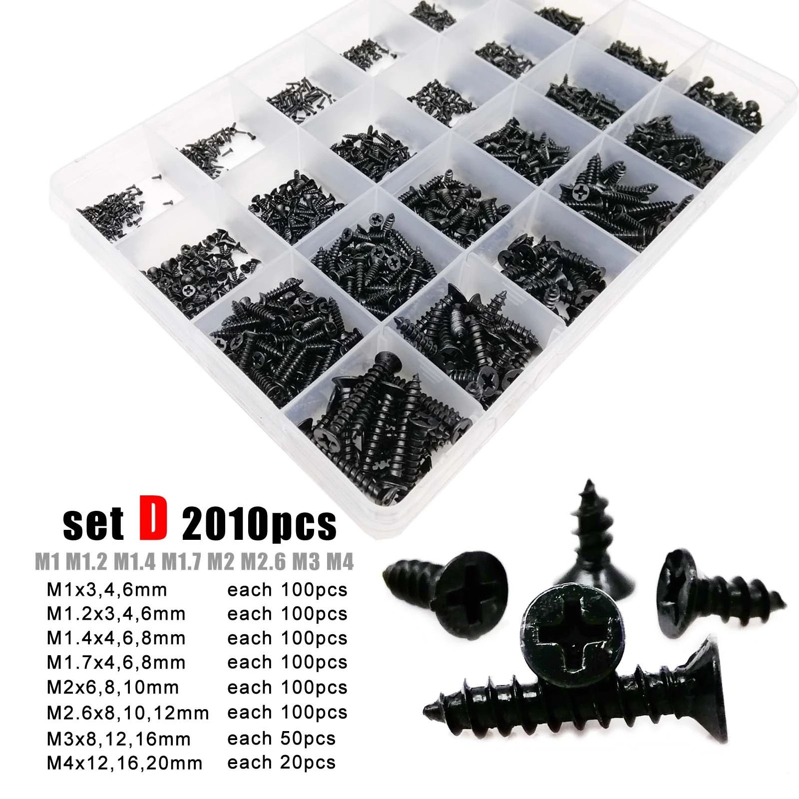 700/1000/1350/2010pcs M1 M1.2 M1.4 M1.7 M2 M3 M4 Black Phillips Flat Countersunk Head Self ...