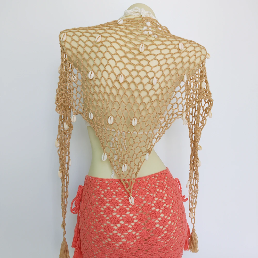Women Triangle Shawl With Seashell Sexy Bikini Cover Up Sunscreen Nets ...