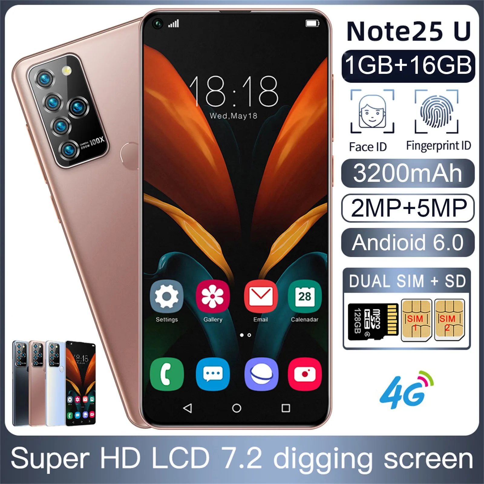 Smartphone note 25u + 19:9, Android 6,0, 1GB + 16GB, identificación ...