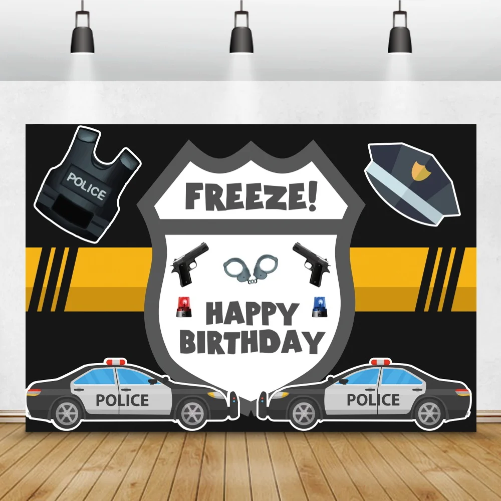 Laeacco Police Gun Photo Backgrounds Baby Cartoon Birthday Party Freeze ...