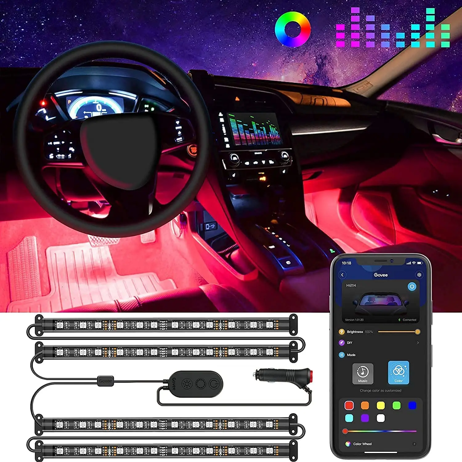 2021-LED-Car-Foot-Light-Ambient-Lamp-With-USB-Wireless-Remote-Music ...
