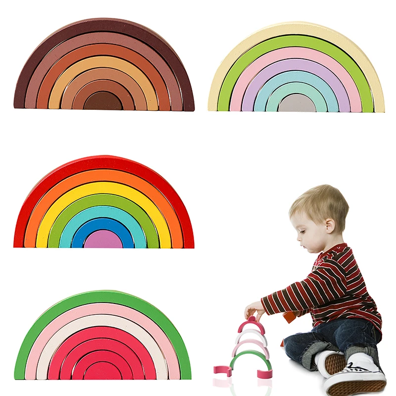 Wooden-Rainbow-Building-Blocks-Kids-Stacker-Baby-Toy-Color-Cognitive ...