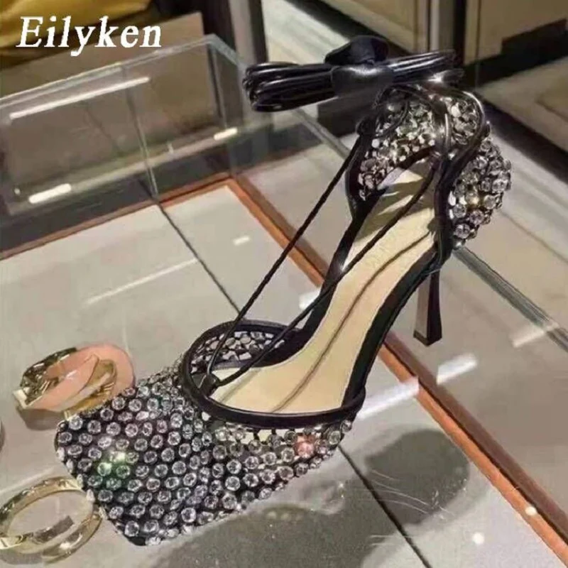 Eilyken-Yellow-Green-Fashion-Women-High-Heel-Crystal-Fishnet-Pumps-Square-Toe-Ankle-Cross-Tied ...