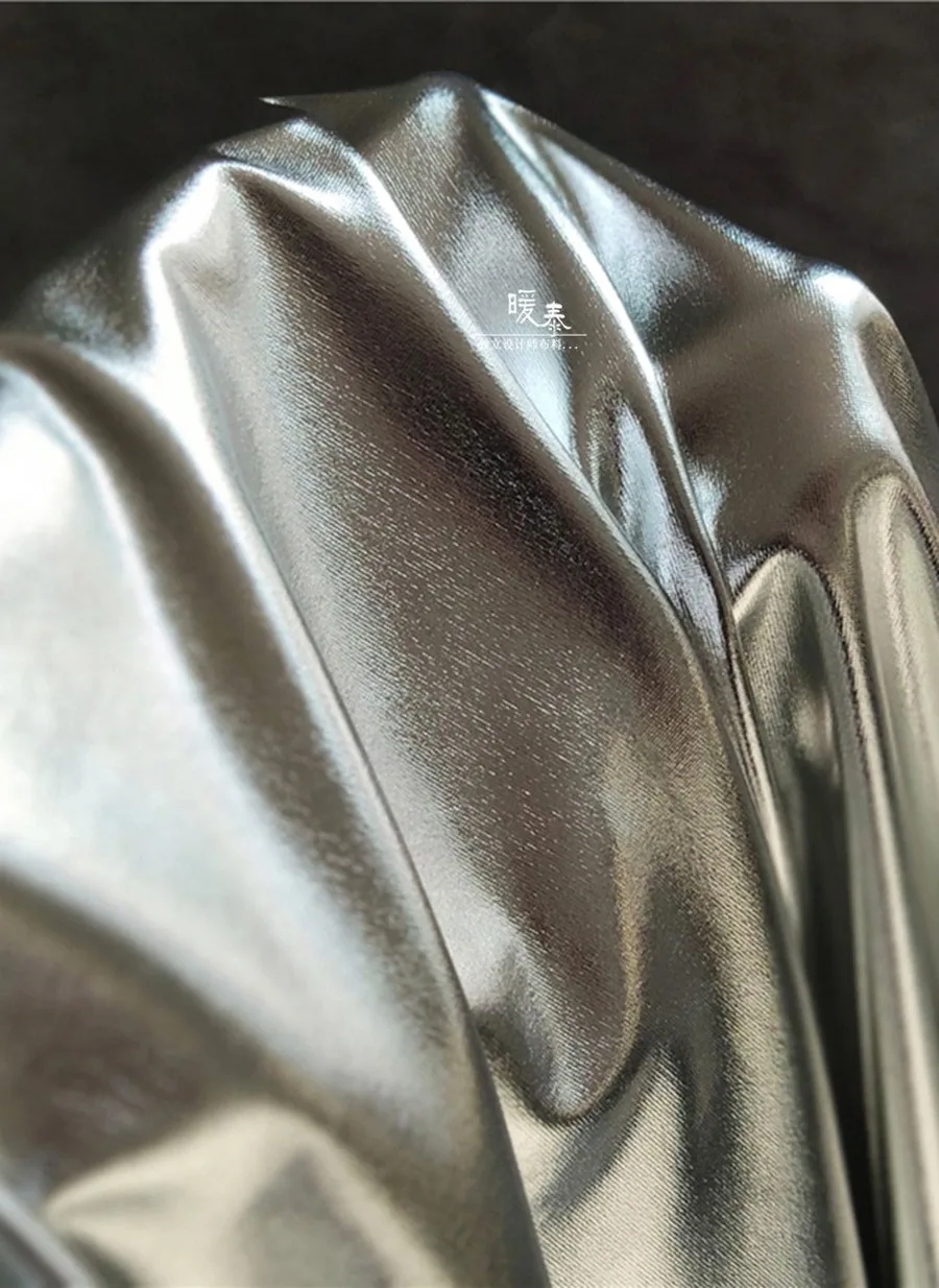 Coated Stretch PU Leather Fabric Shiny Silver Slight Elastic DIY ...