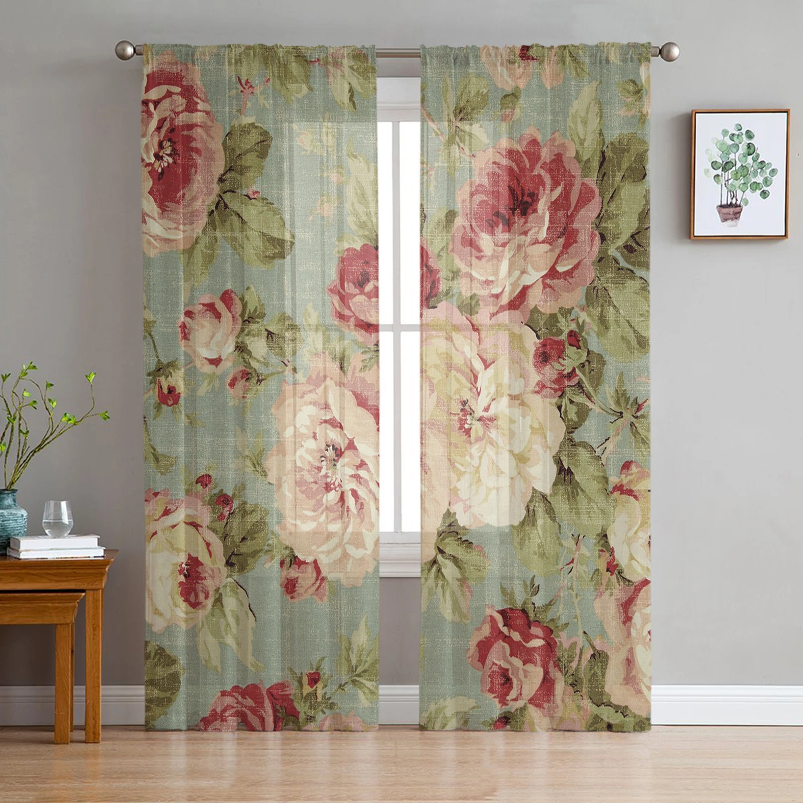 Peony Flower Sheer Curtains For Living Room Modern Voile Curtain ...