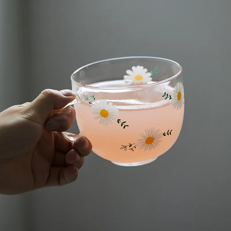 북유럽 데이지 유리 대용량 아침 컵 배꼽 꽃 주스 컵 요거트 그릇 보울 볼 고온 내성 커피 차 티몬