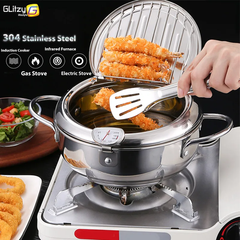 Frigideira profunda com termômetro + tampa 304 aço inoxidável cozinha ...