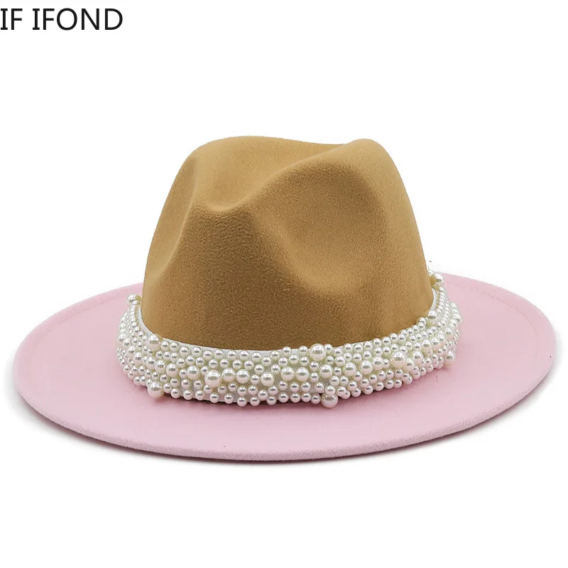 Sombrero de fieltro con banda de perlas para mujer, sombrero de fieltro ...