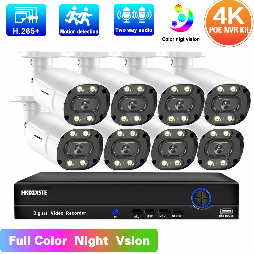 H.265 Cctv Camera Security System Kit Poe 4k 8ch Nvr Kit Color Night Vision 8mp Ip Bullet Camera ...