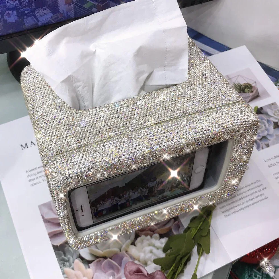 Diamond-encrusted-Tissue-Box-Phone-Holder-Dual-purpose-Small-TV-Style ...