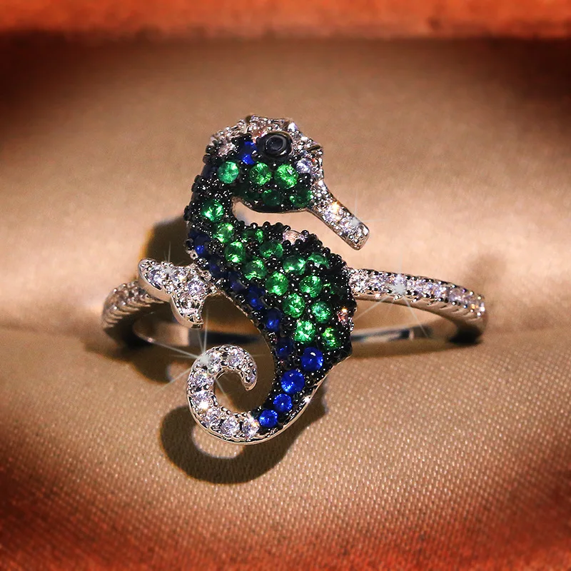 Cute-Seahorse-Seahorse-Ring-with-Bir-Zircon-SSilver-Plate-Color-Wedding ...