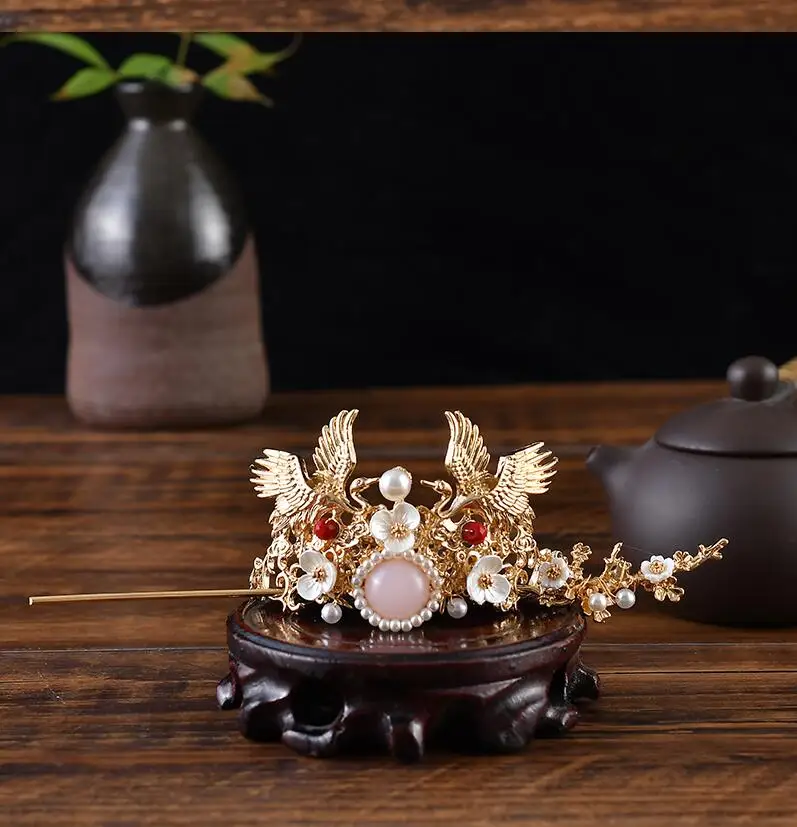 Ancient Style Double Flying Crane Hairpin Step Shake Tassel Hair Crown ...