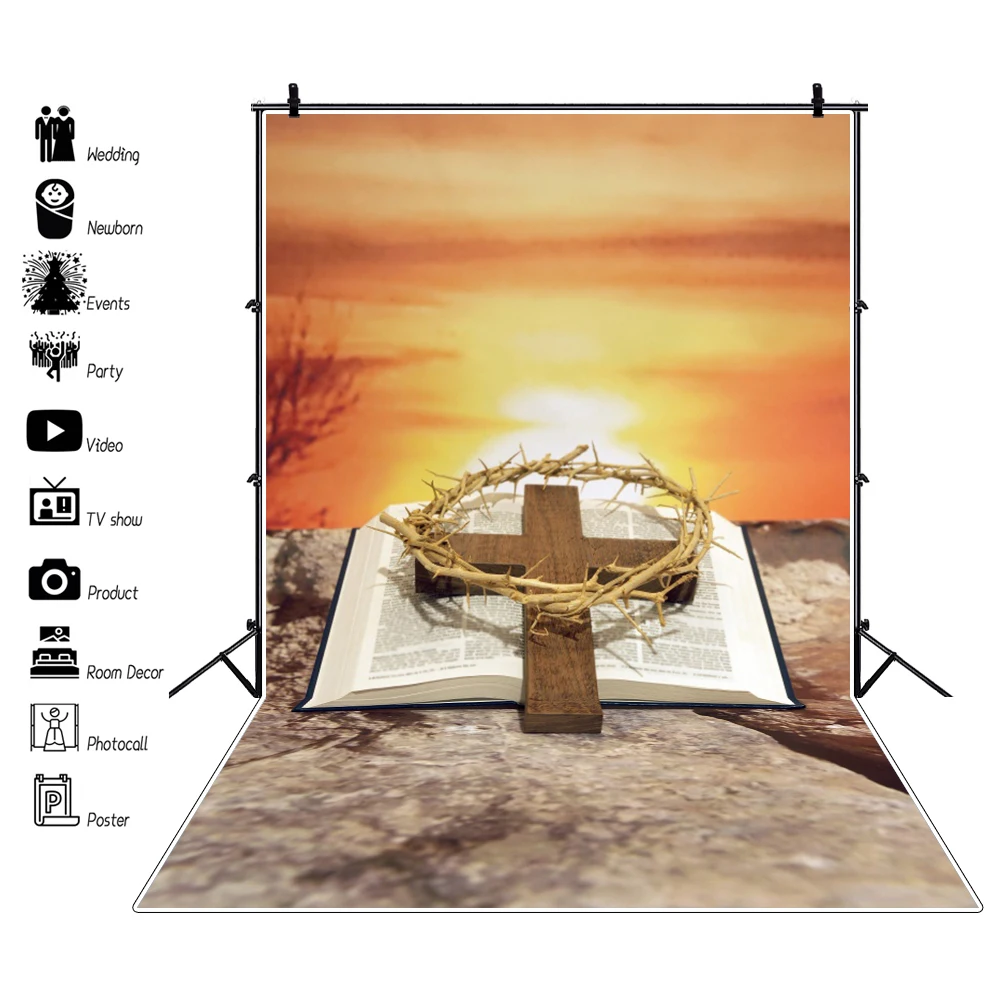 Laeacco Sunset Holy Bible Cross Thorns Rock Jesus Christ Room Decro ...